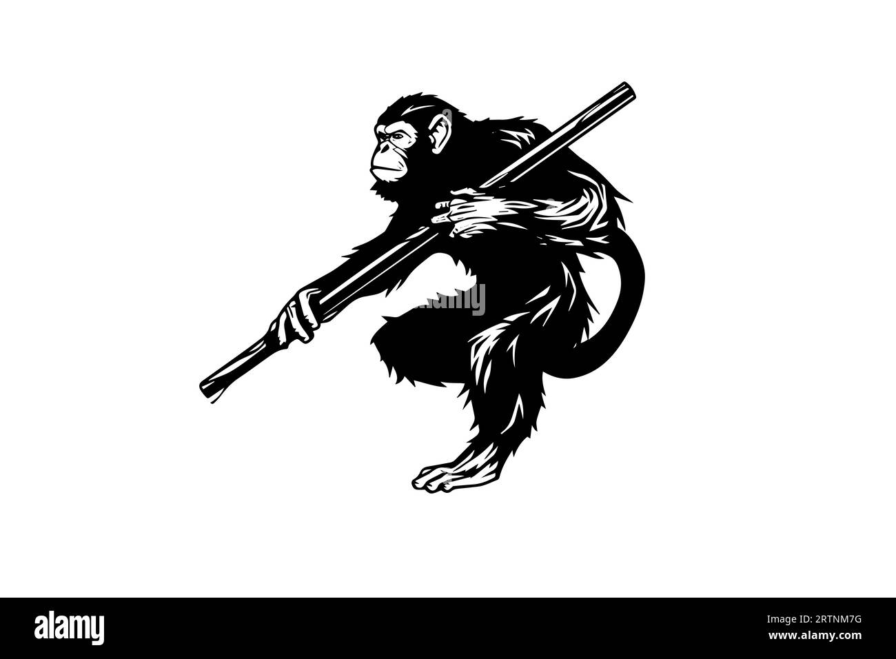 Karate monkey with a stick in his hands. Vector engraving style sketch ...