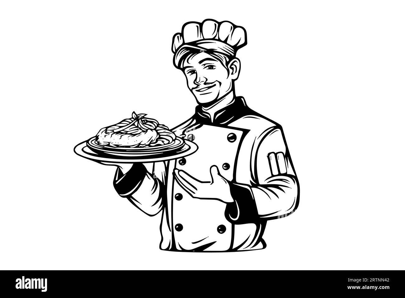 Chef in a hat with pasta logotype engraving style vector illustration ...