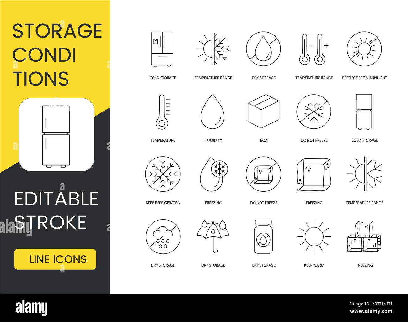 Food storage conditions marks, line icon set in vector, editable stroke ...