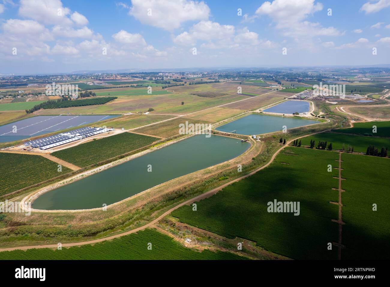 Aerial photography of a sewerage treatment facility. The treated water ...