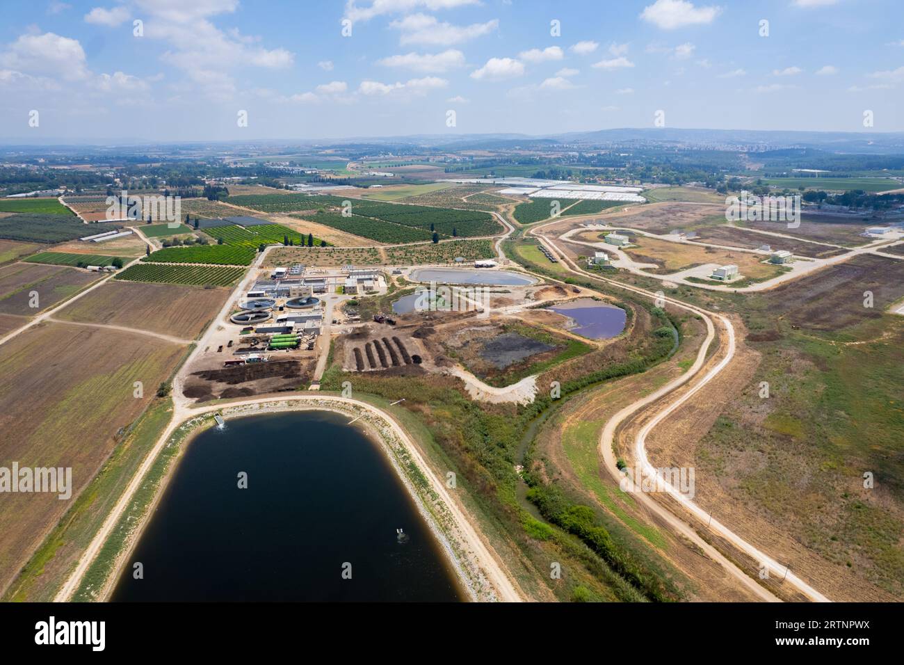 Aerial photography of a sewerage treatment facility. The treated water ...