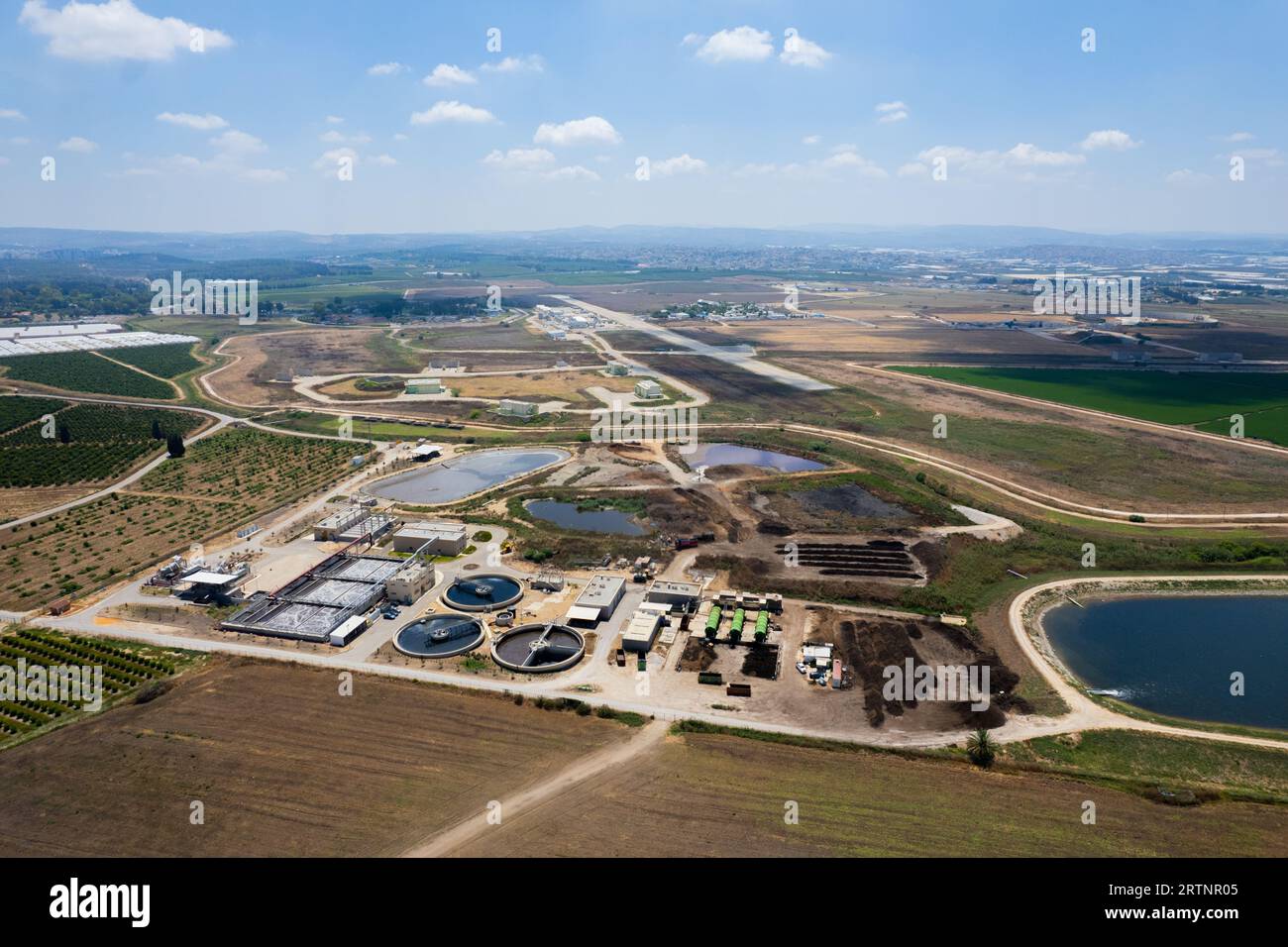Aerial photography of a sewerage treatment facility. The treated water ...