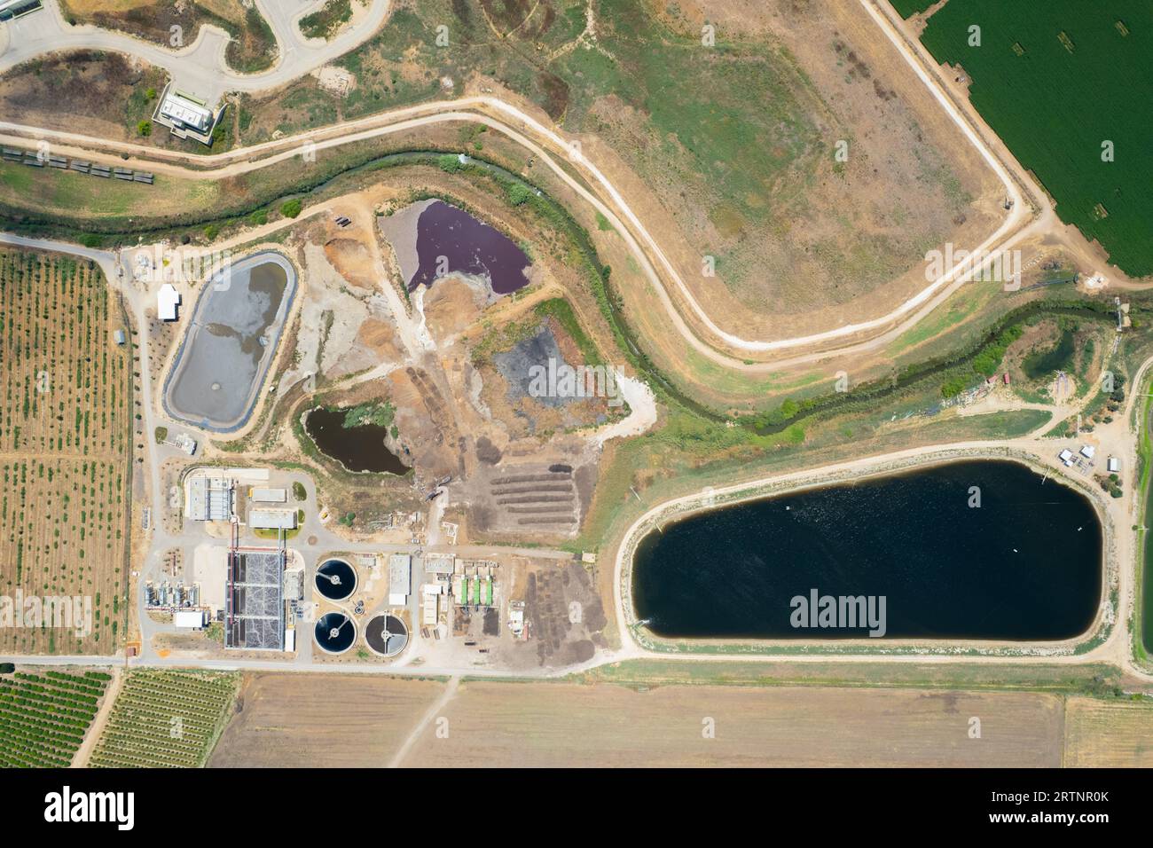 Aerial photography of a sewerage treatment facility. The treated water ...