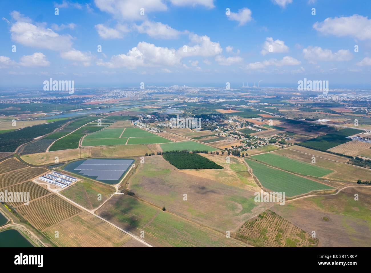 Aerial photography of a sewerage treatment facility. The treated water ...
