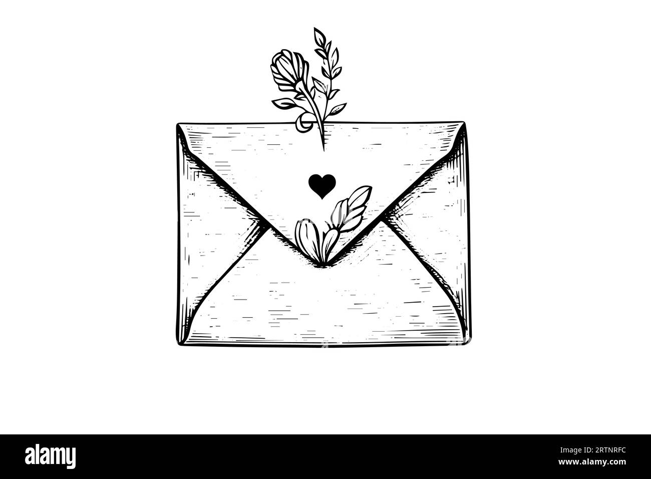 Envelope with heart and flower hand drawn ink sketch. Engraving vintage ...