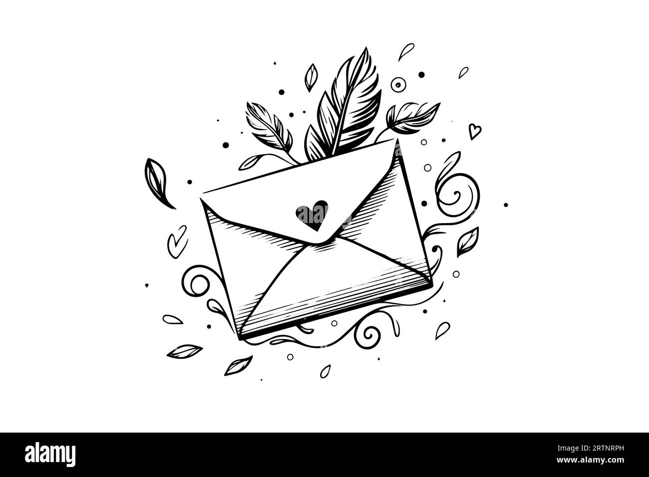Envelope with heart and flower hand drawn ink sketch. Engraving vintage ...