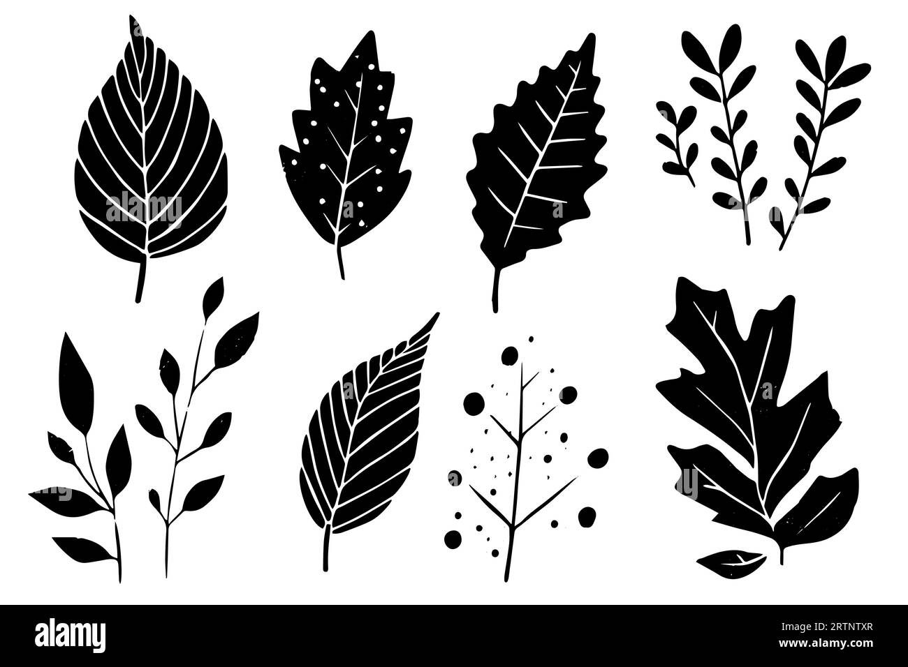 Set of lino cut vector stamp black leaves and branch imprints on white ...