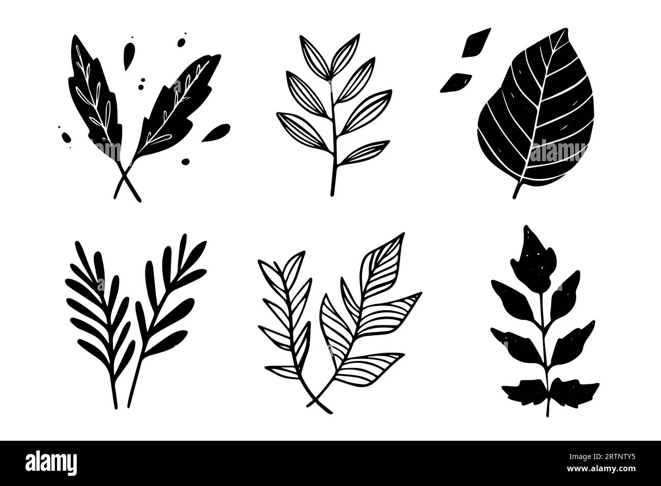 Set of lino cut vector stamp black leaves and branch imprints on white ...