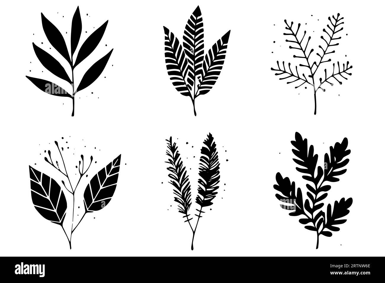 Set of lino cut vector stamp black leaves and branch imprints on white ...