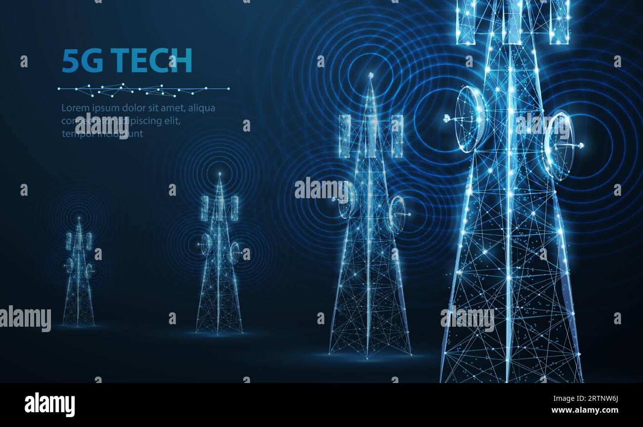 Abstract antenna mast on blue. 5G technology, telecommunication ...
