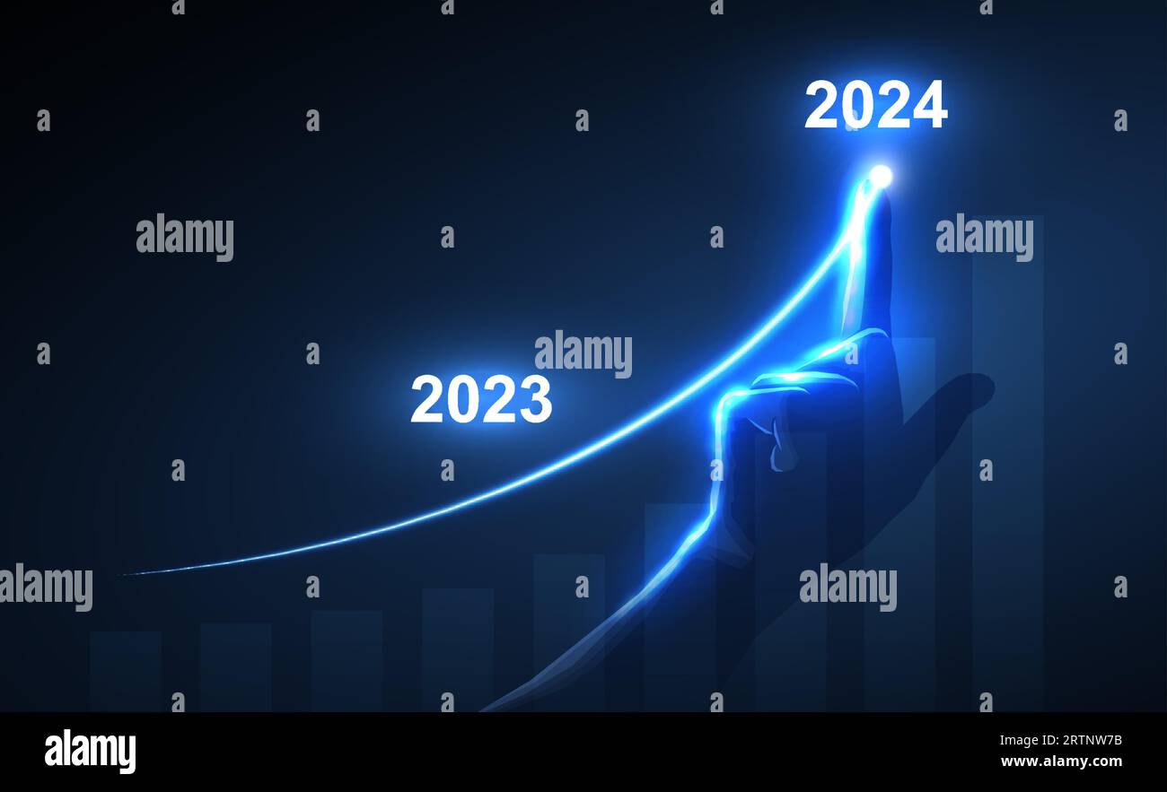 Neon growth 2024 line with polygonal touch hand on blue background ...