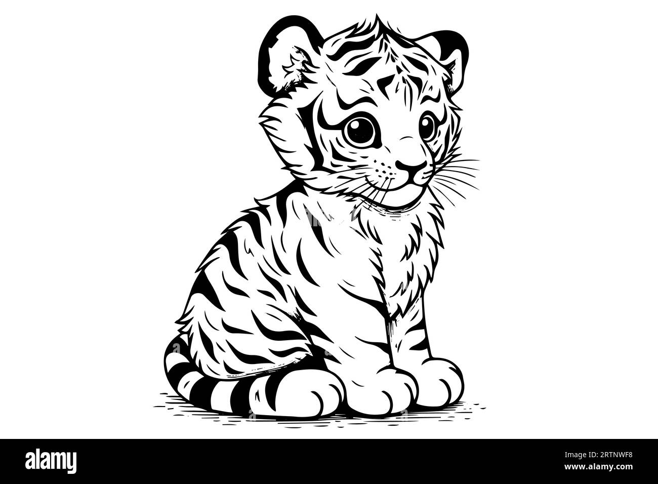Hand drawn engraving style sketch of a tiger cub, vector ink ...