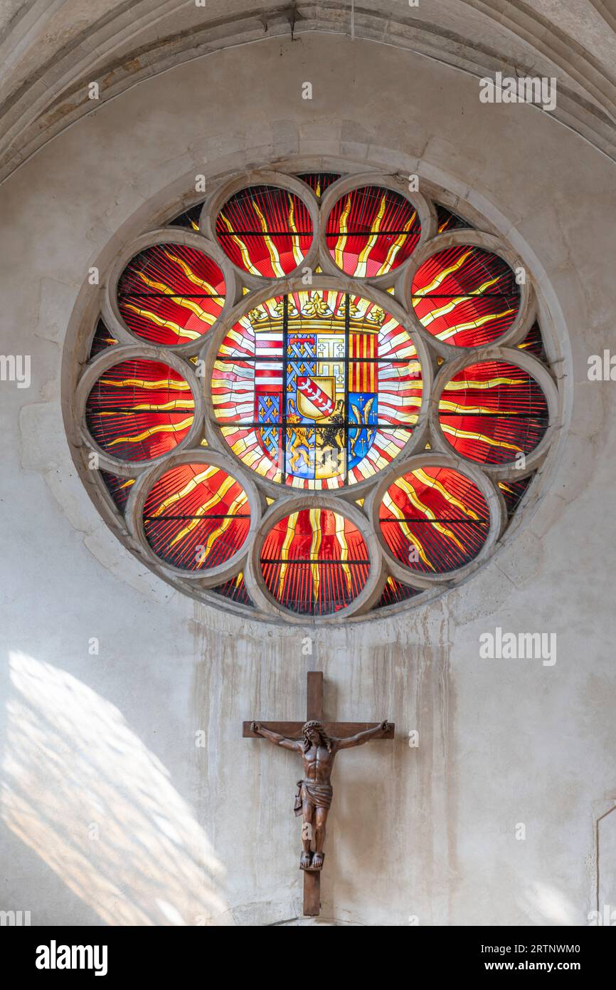 Nancy, France - 09 02 2023: View of a stained glass and the Christ in ...