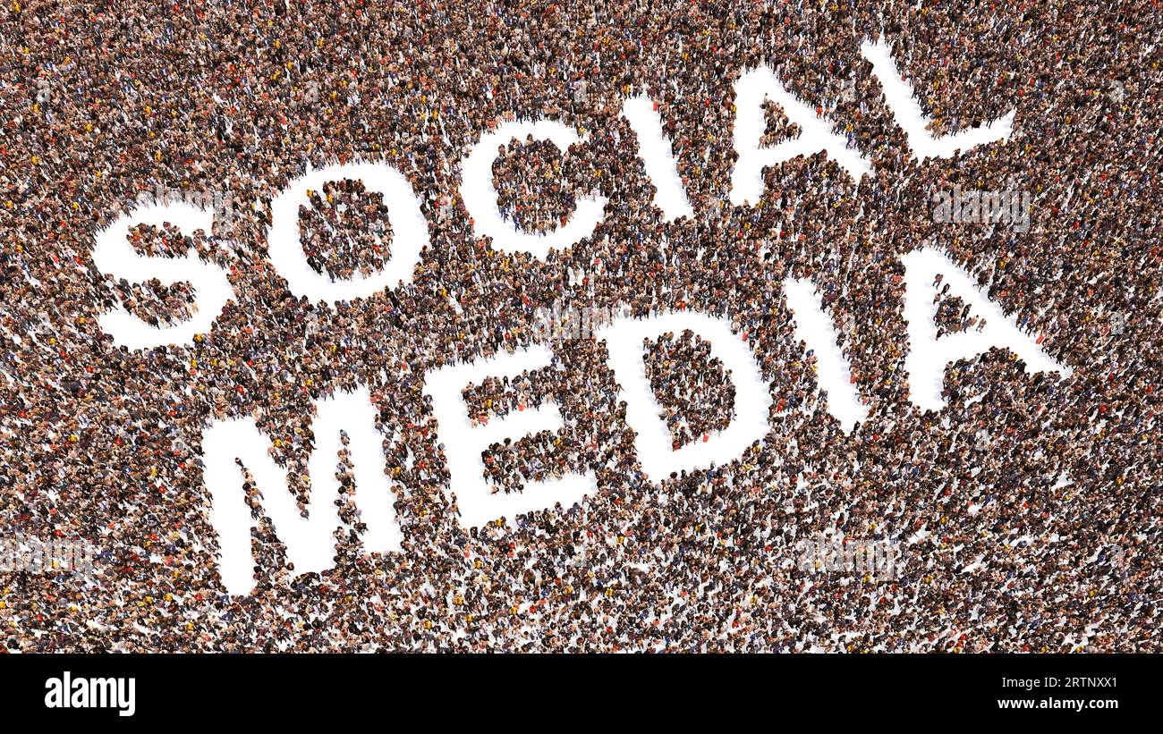 Concept conceptual large community of people forming SOCIAL MEDIA word ...