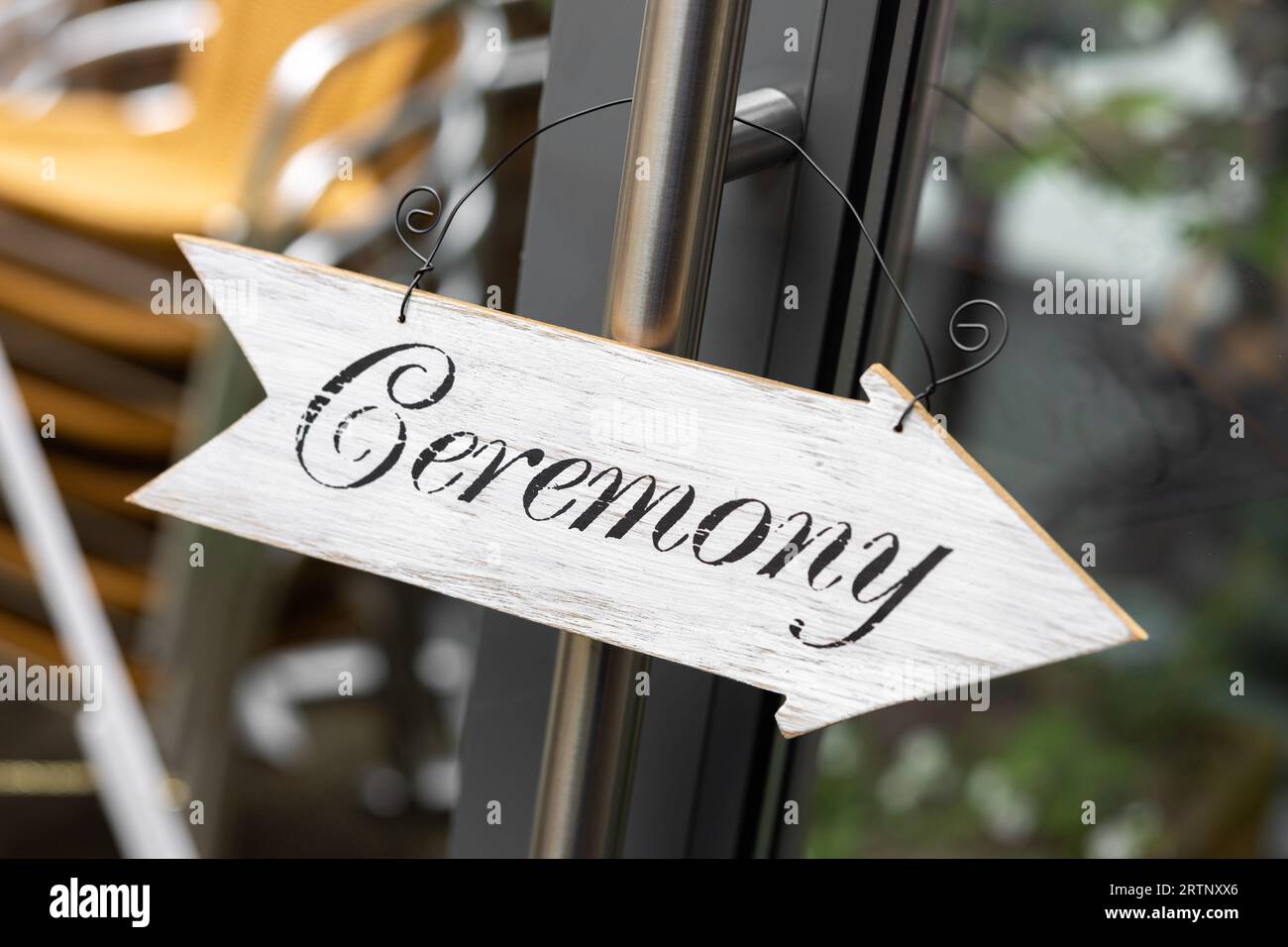 Wedding Ceremony Sign arrow wooden black text on white background ...