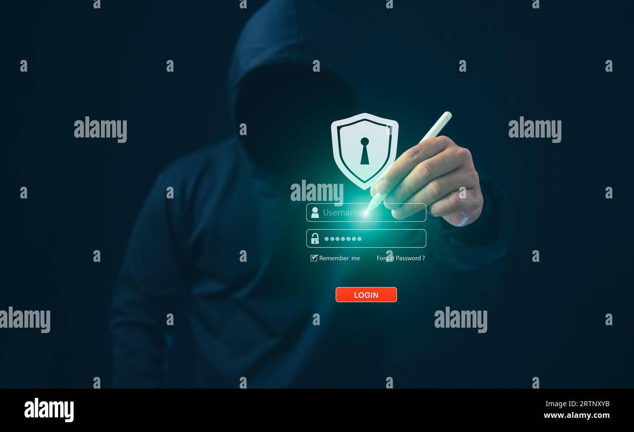 Hacker pointing pen at login screen On a dark background. Concept of ...