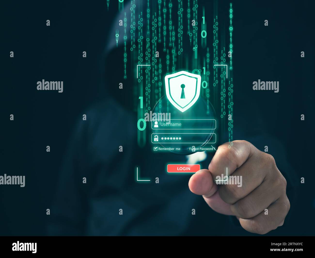 Hacker standing holding a magnifying glass with login screen On a dark ...