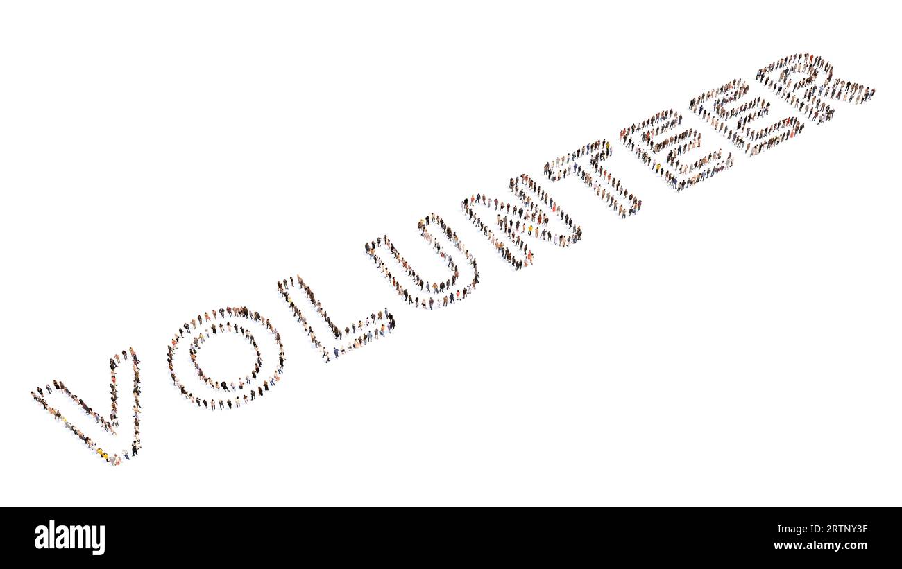 Concept conceptual large community of people forming VOLUNTEER word. 3d ...