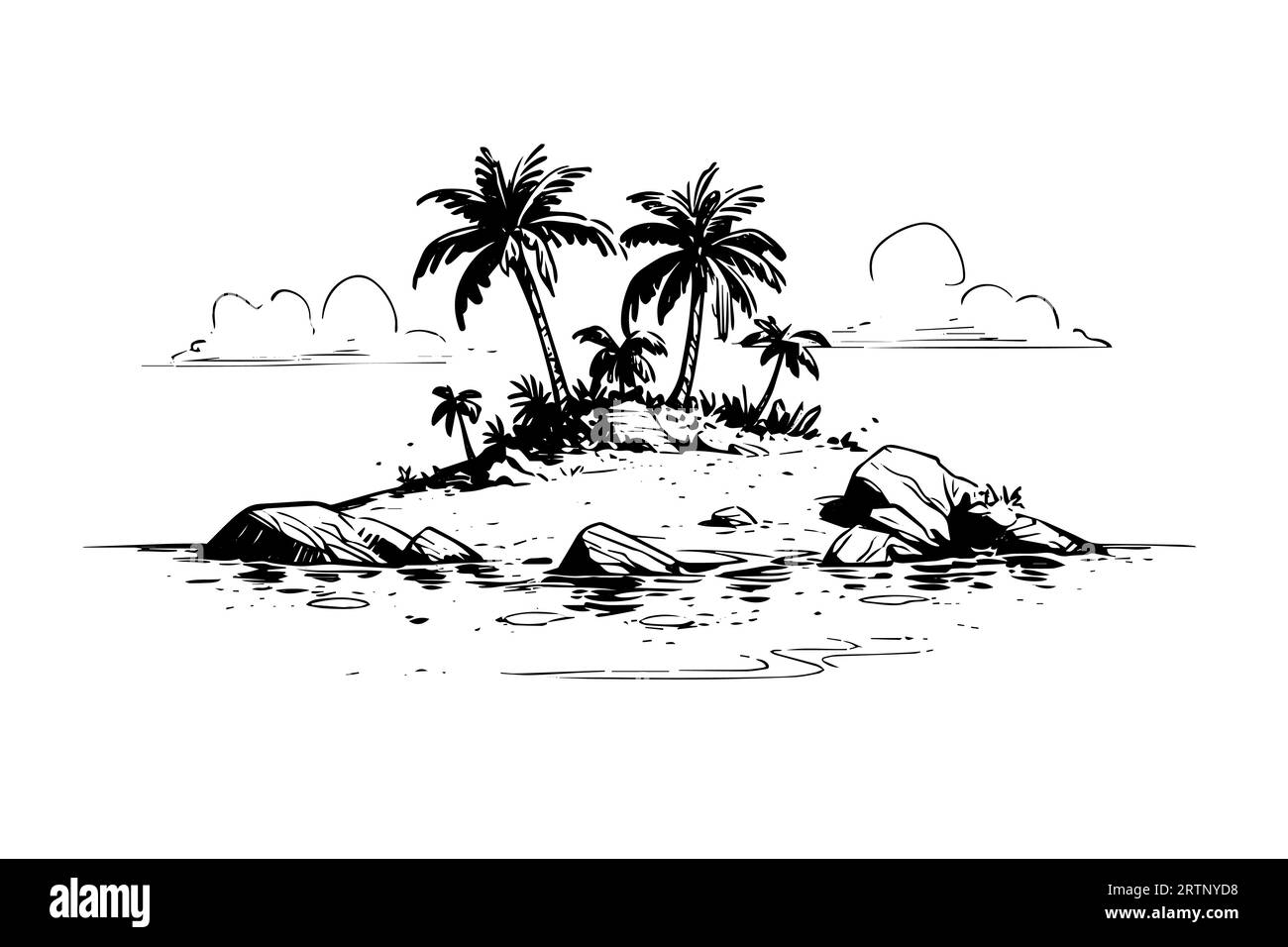Islands with palms landscape hand drawn ink sketch. Engraving style ...