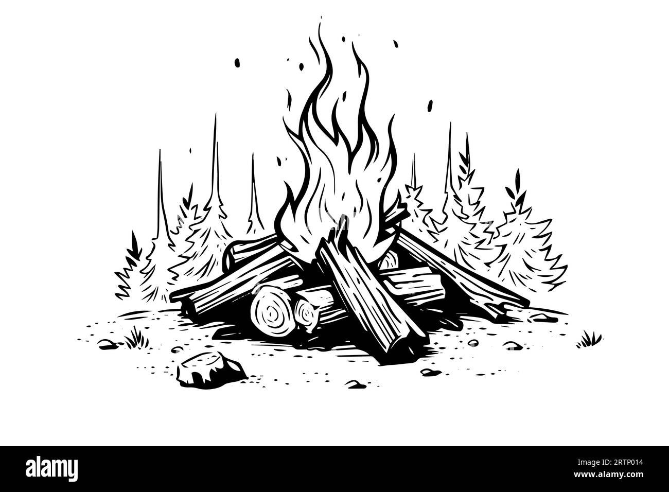 Hand drawn camping bonfire. Vector illustration of fire in sketch ...