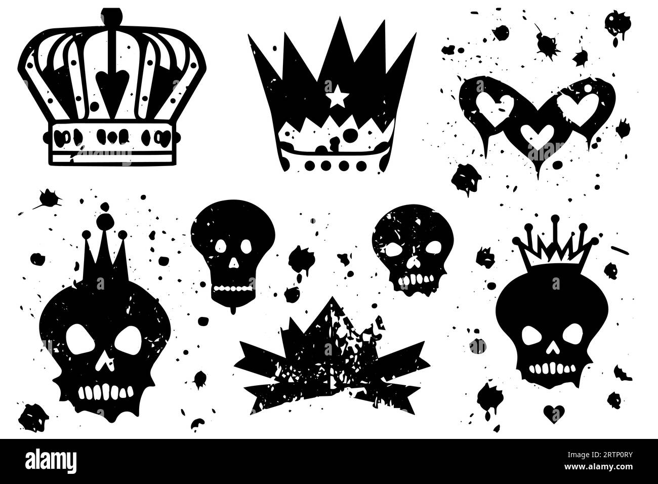Set of hand drawn sketch grunge ink graphiti doodle scull and crown ...