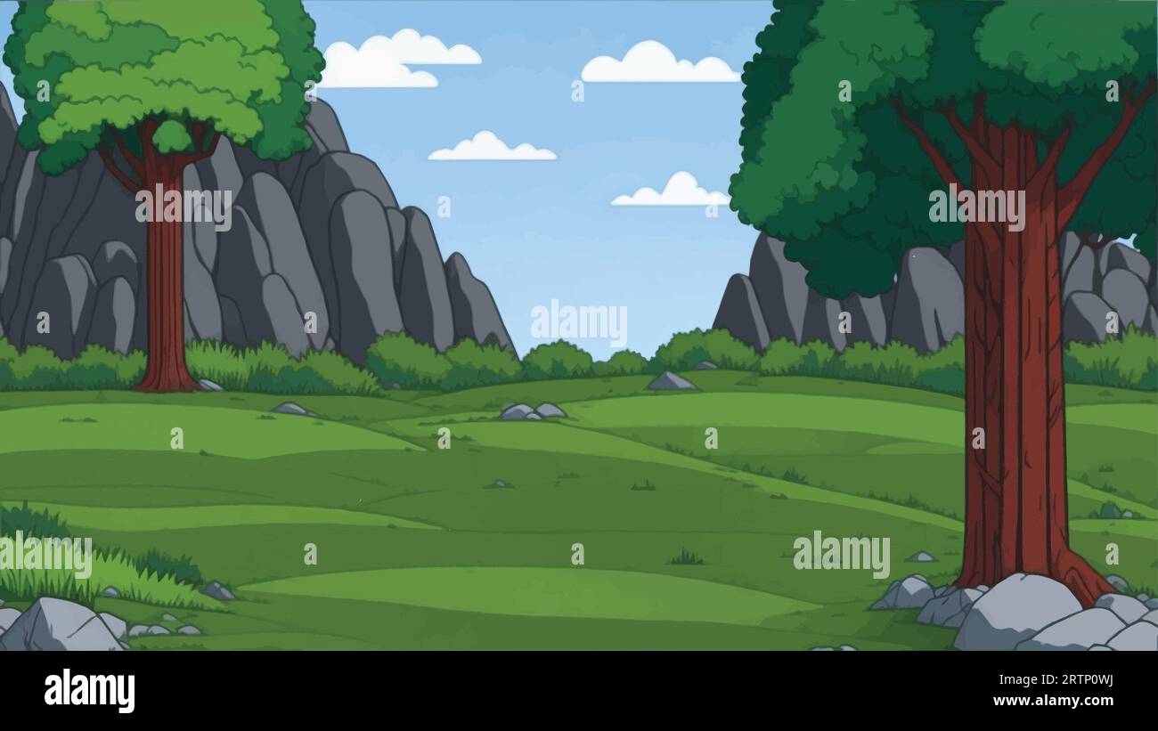 A blank meadow scene with lots of trees and a cliff top backdrop Stock ...