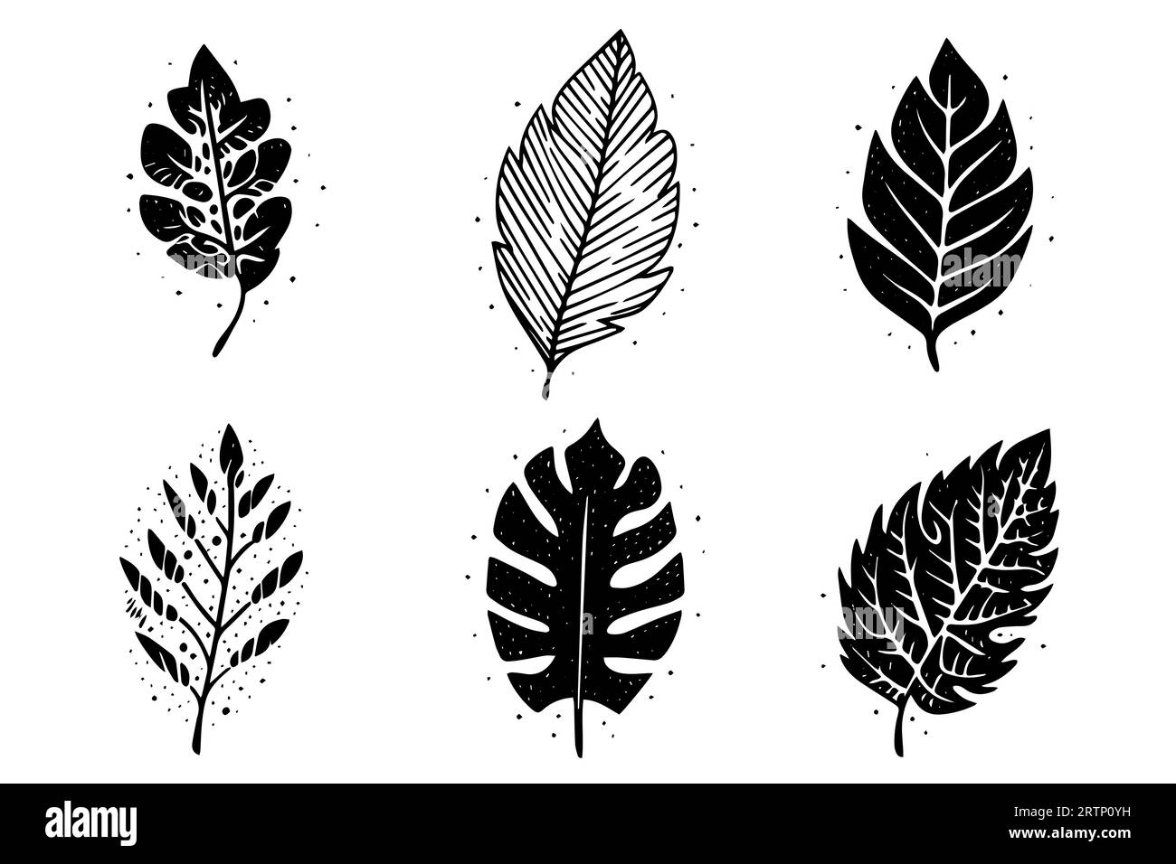 Set of lino cut vector stamp black leaves and branch imprints on white ...