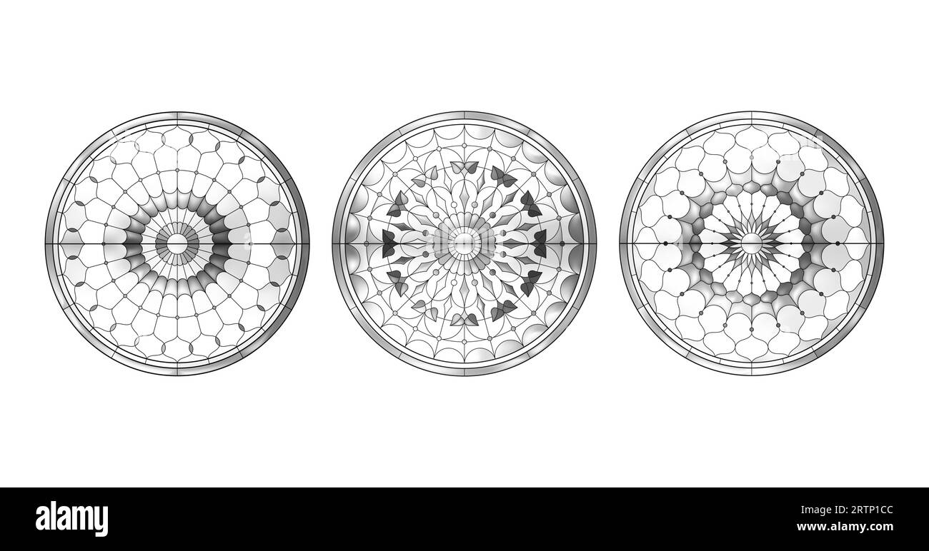 Glass church windows. Three Catholic black and white circles Stock ...