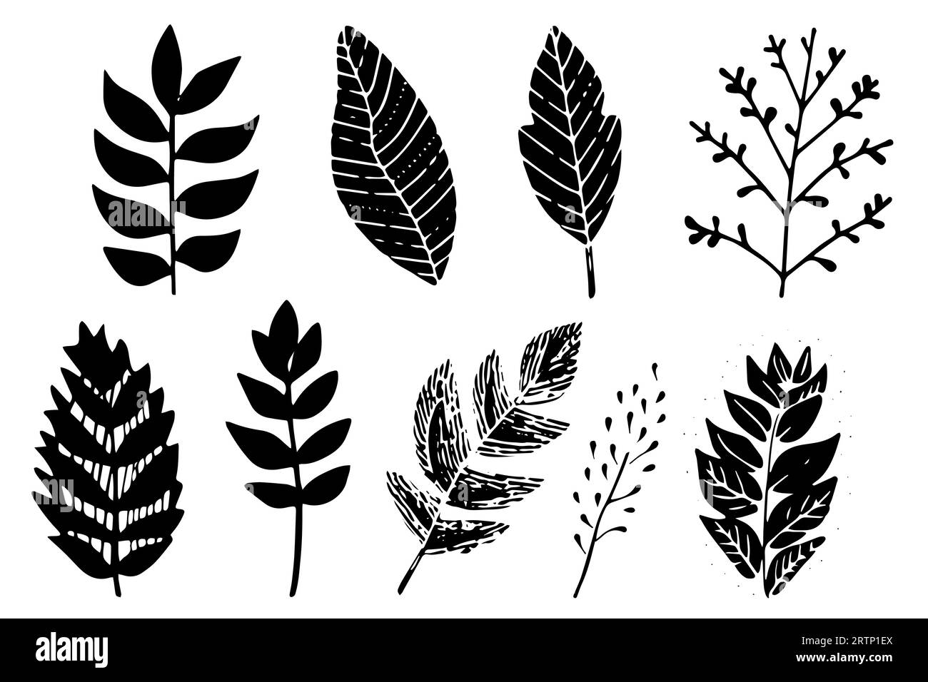 Set of lino cut vector stamp black leaves and branch imprints on white ...