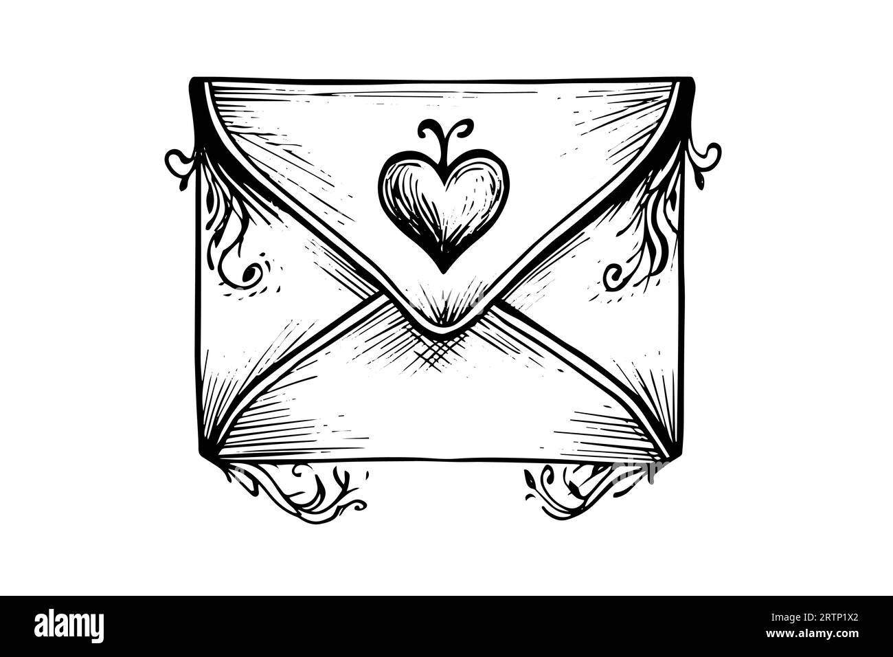 Envelope with heart hand drawn ink sketch. Engraving vintage style ...
