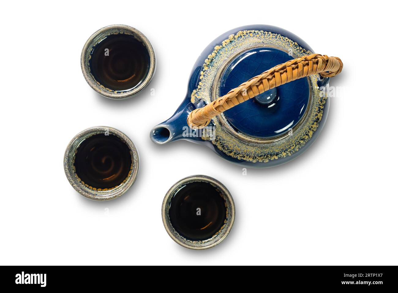 Top view of blue ceramic tea set with cups isolated on white background ...