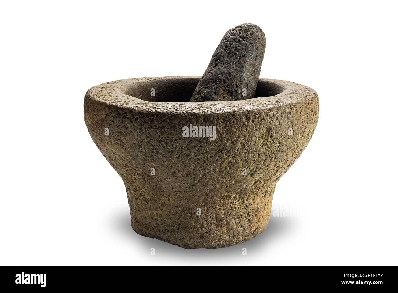 Side view of old rock mortar with pestle isolated on white background ...