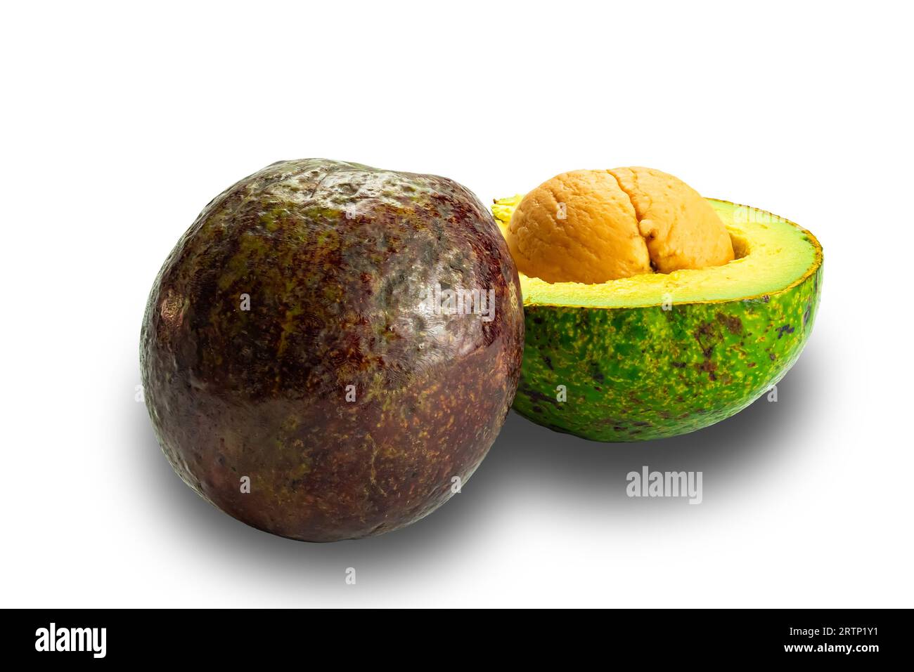 Side view of avocado fruit a whole and a half isolated on white ...