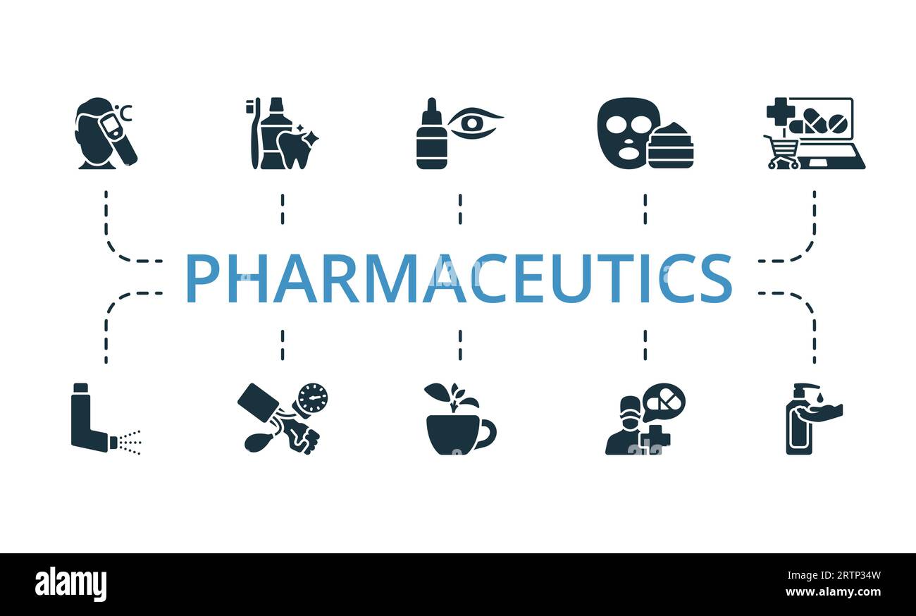 Pharmaceutics set. Creative icons: fever measuring, oral care, eye ...