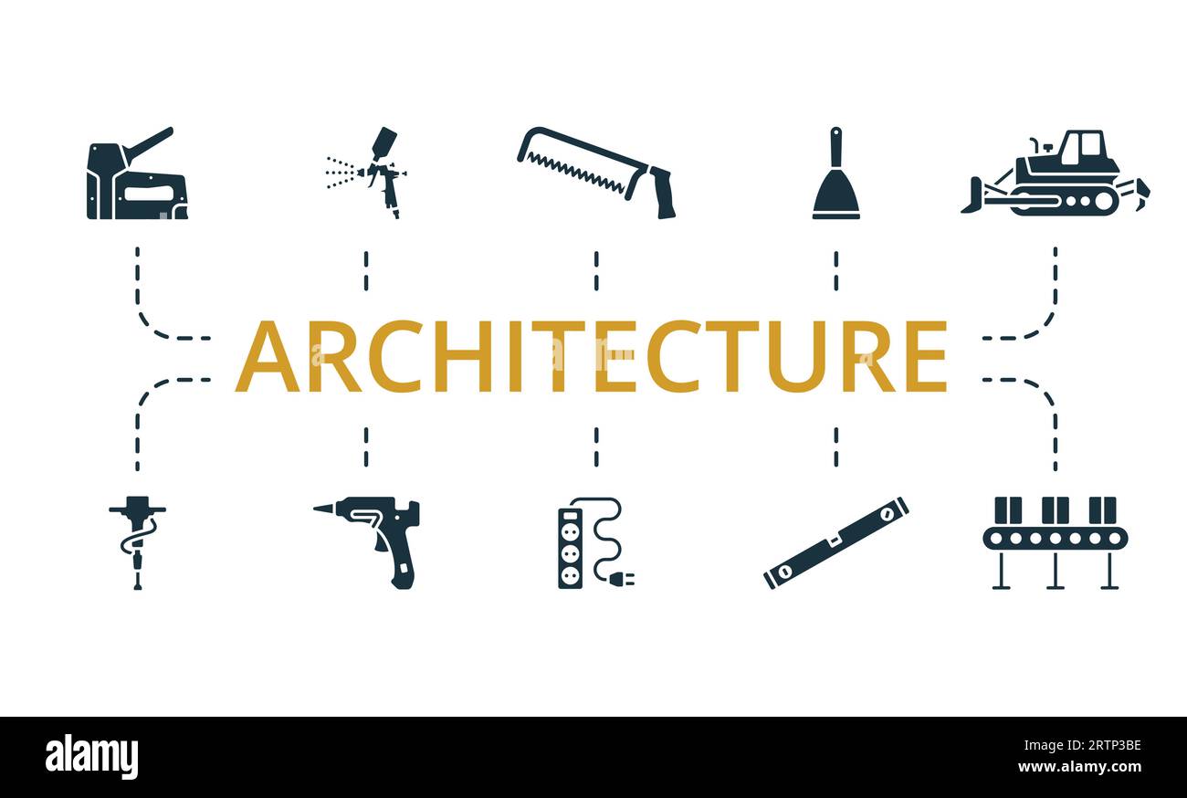 Architecture set. Creative icons: staple gun, spray gun, hacksaw ...