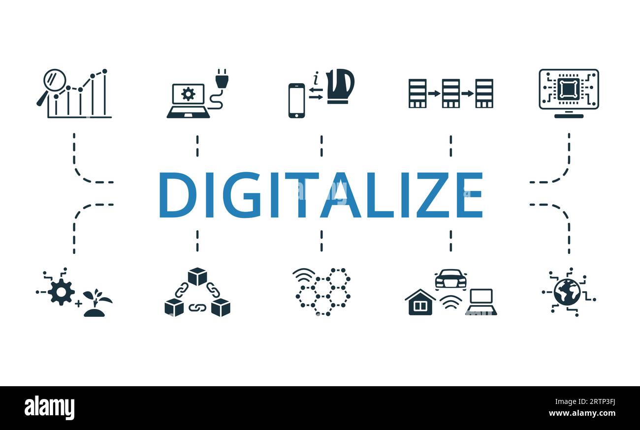 Digitalize set. Creative icons: predictive analytics, plug and work ... Digitalize set. Creative icons: predictive analytics, plug and work ...