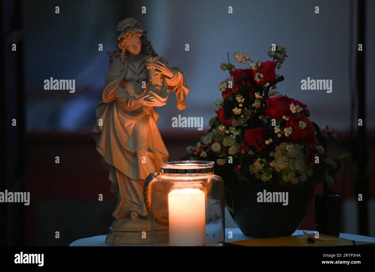 Stuttgart, Germany. 14th Sep, 2023. A figure of St. Barbara, the patron ...