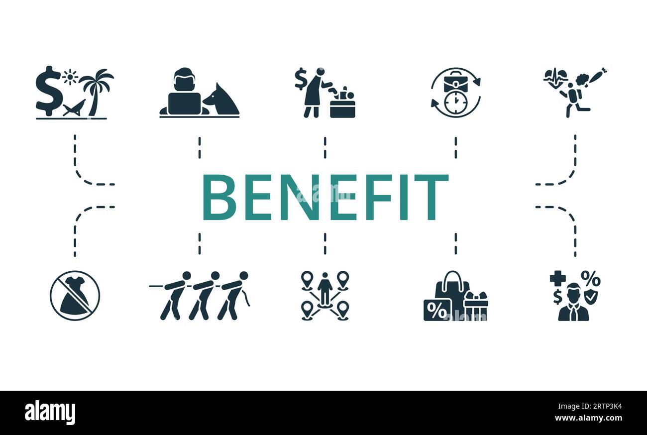 Benefit set. Creative icons: paid vacation, pet-friendly workplace ...
