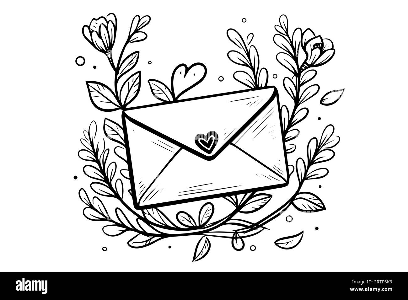 Envelope with heart and flower hand drawn ink sketch. Engraving vintage ...