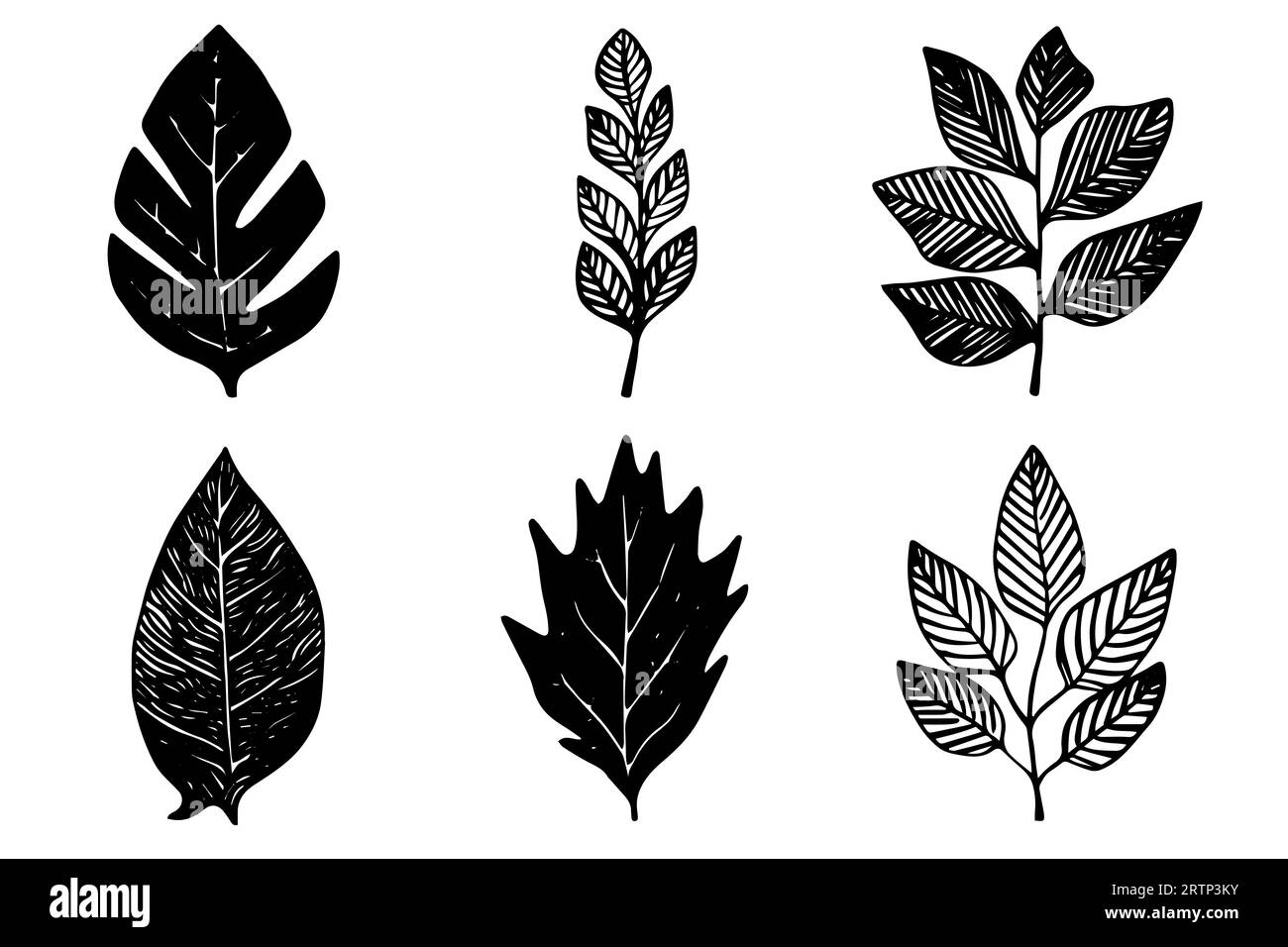 Set of lino cut vector stamp black leaves and branch imprints on white ...