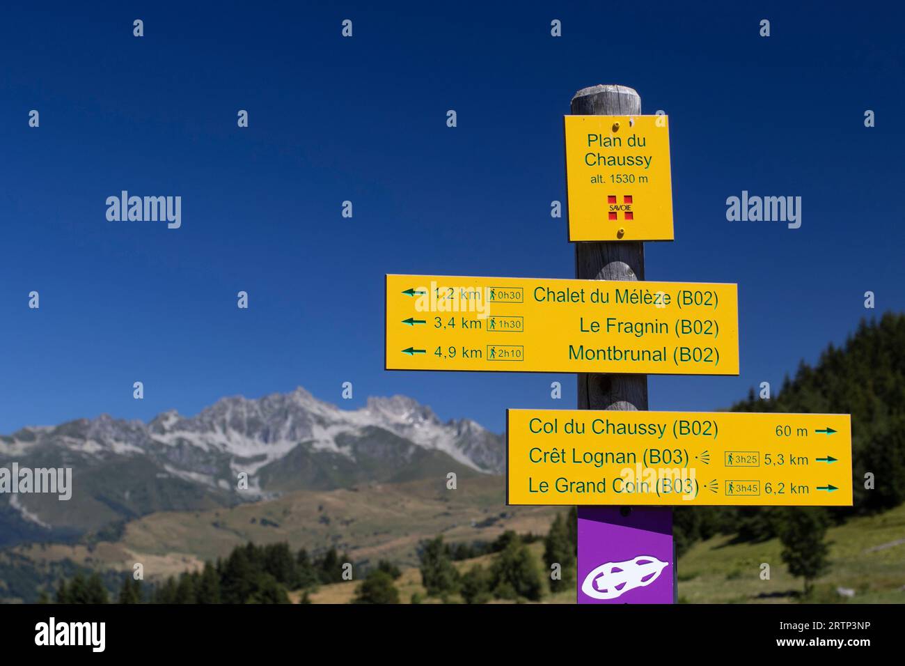 MONTVERNIER, FRANCE, 27 JULY 2023: Trail signpost at Col du Chaussy ...