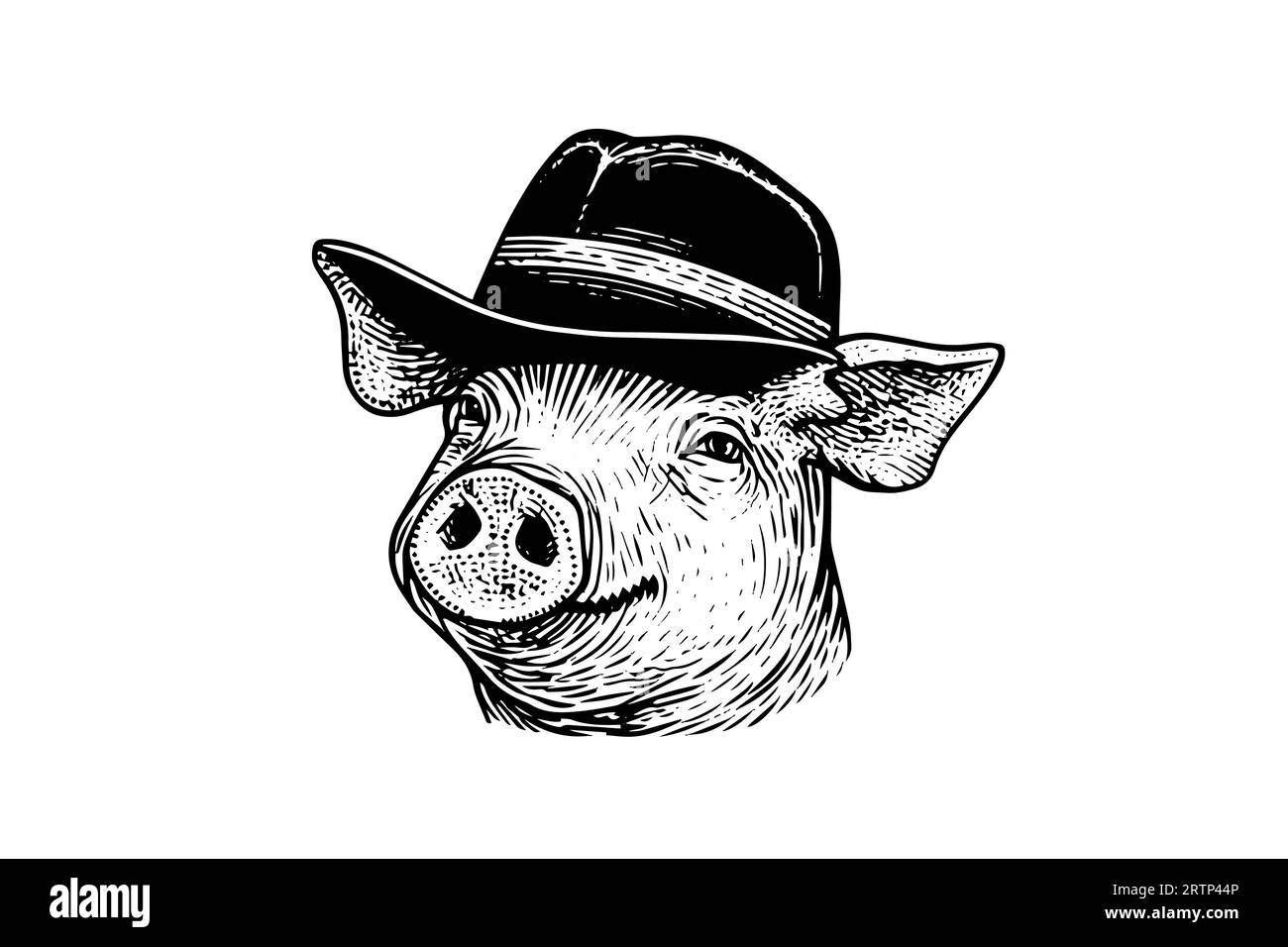 Cute pig or pork in hat head engraving logotype style vector ...