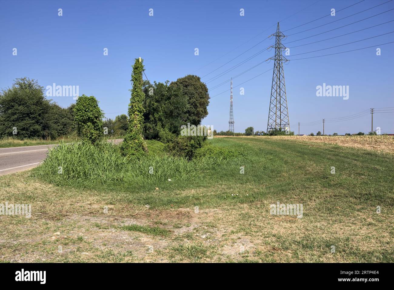 Mowed corn field with pylons and over head cables passing on it on a ...
