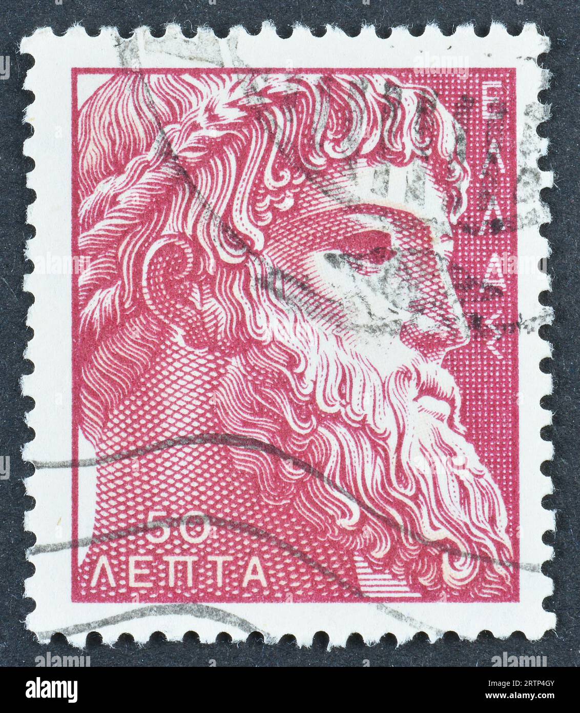 Cancelled postage stamp printed by Greece, that shows Zeus of Istiaea ...