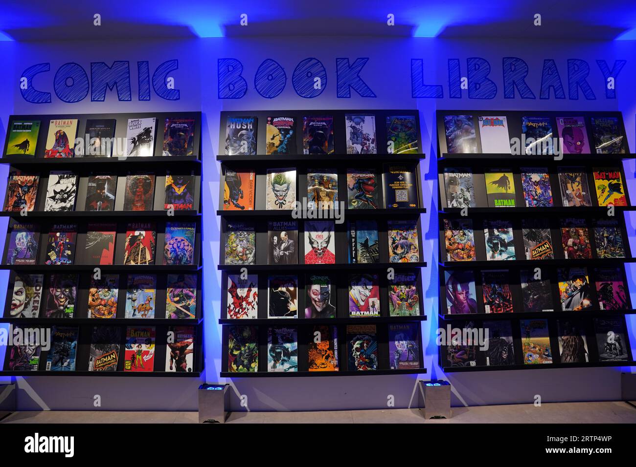 Comic book library at the DC Comics and Warner Bros Batman Unmasked pop ...