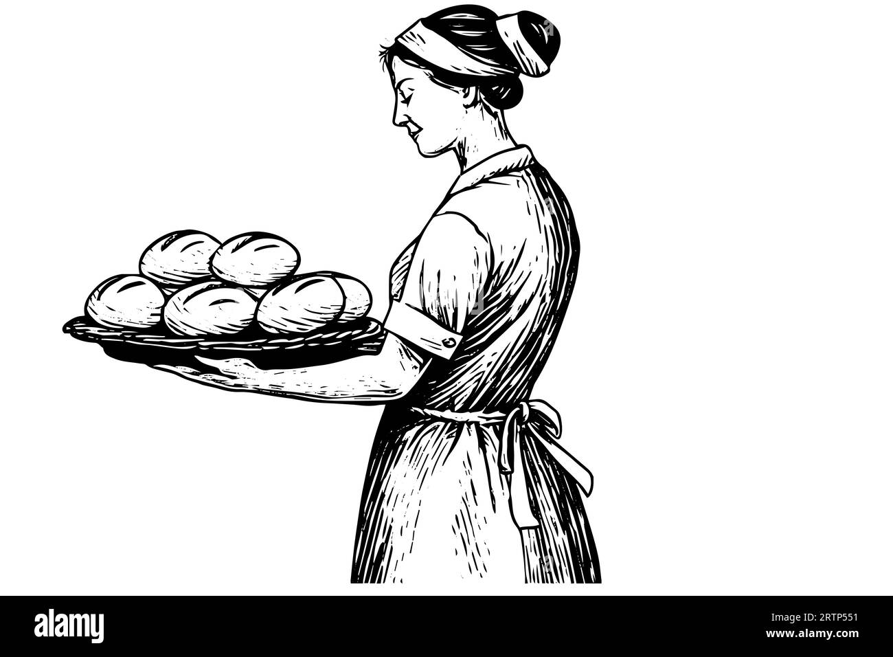Hand drawn ink sketch of female baker with baked bread on a tray ...