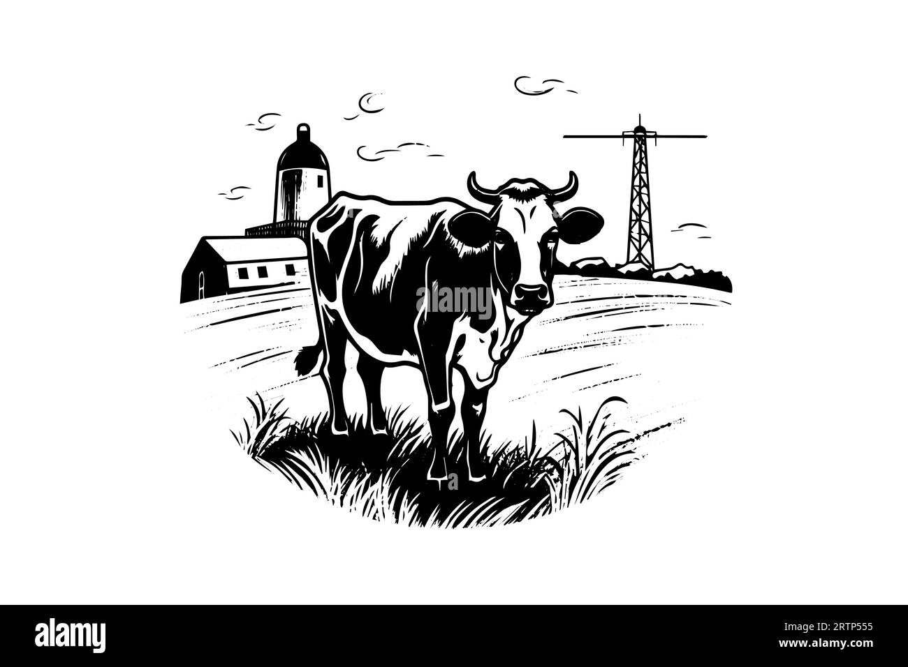 Cow on rural landscape hand drawn ink sketch. Engraving style vector ...