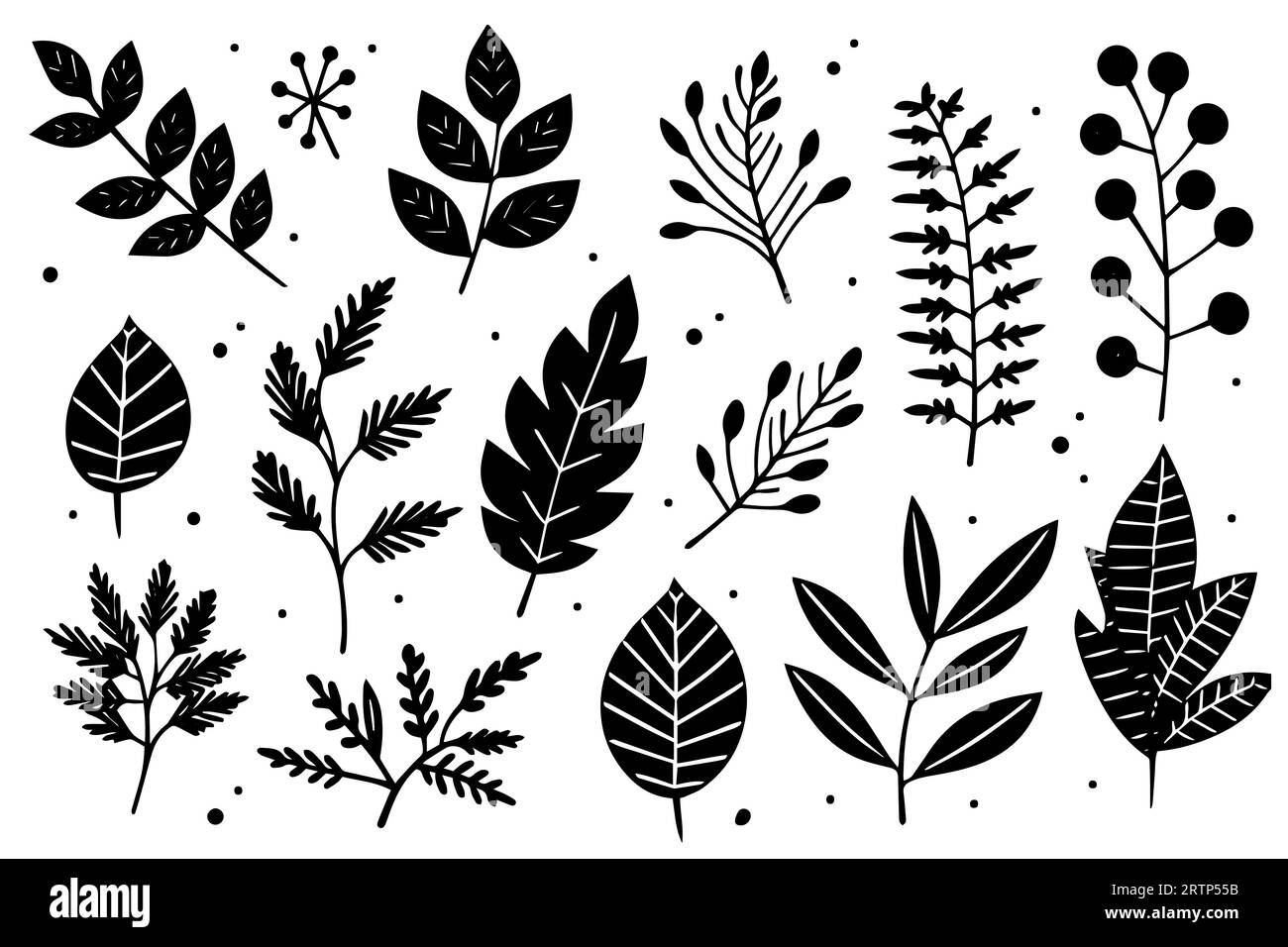 Set of lino cut vector stamp black leaves and branch imprints on white ...