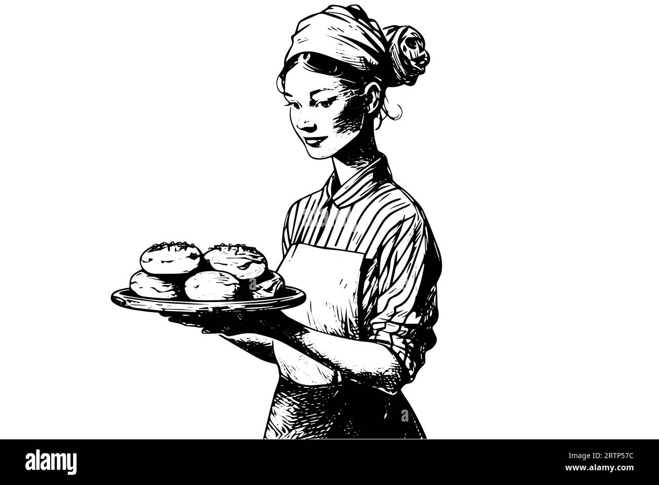 Hand drawn ink sketch of female baker with baked bread on a tray ...