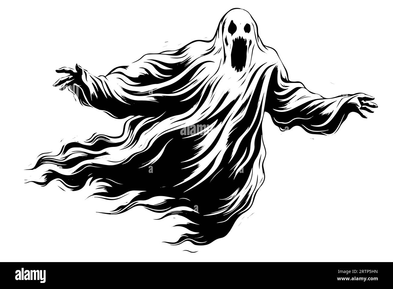 Hand Drawn Halloween Scary Flying Ghost Vector engraving style ...